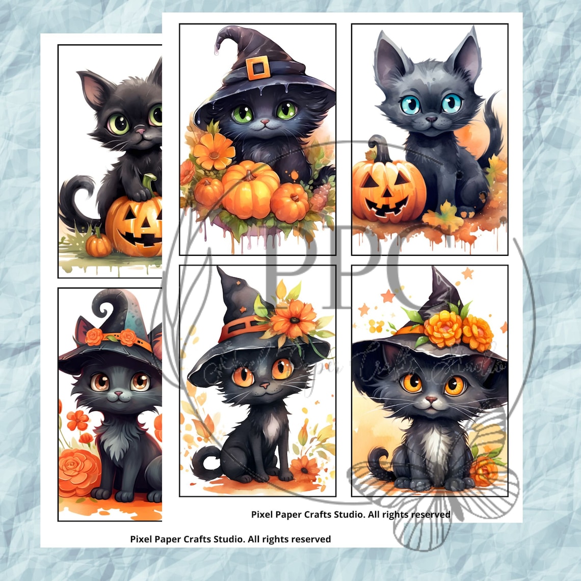 Black Cat Halloween Printable Cards, Digital Scrapbook Paper, INSTANT ...