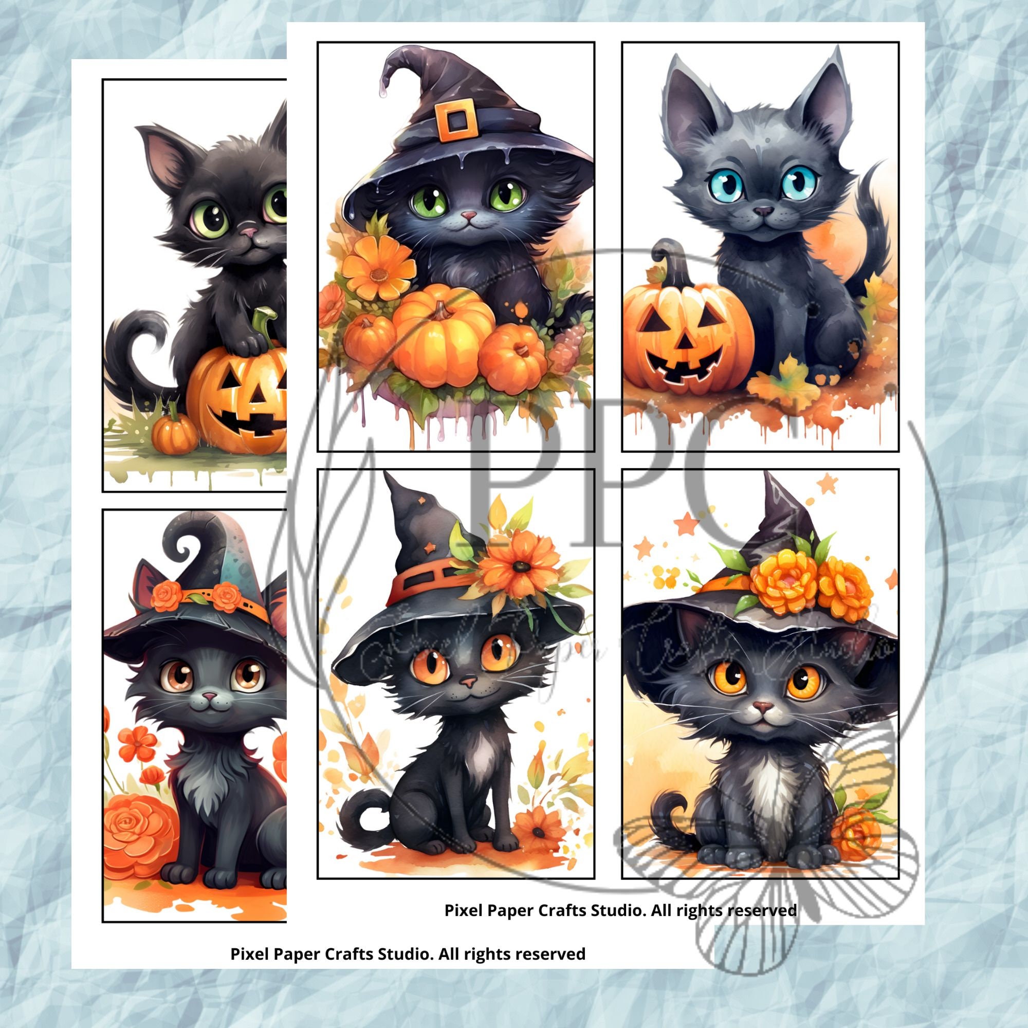 Black Cat Halloween Printable Cards, Digital Scrapbook Paper, INSTANT ...