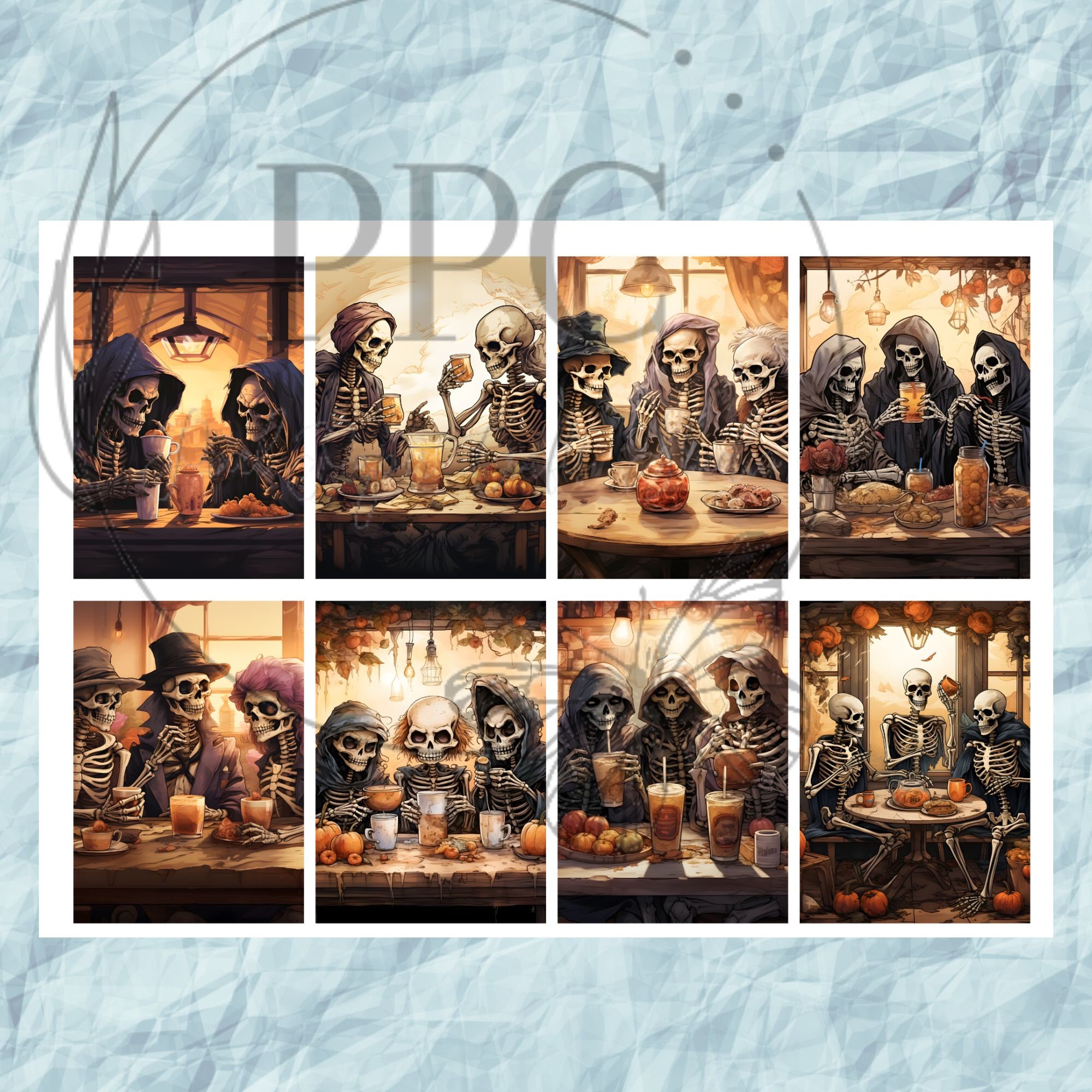 Printable Halloween Skeleton Cards, Digital Paper, Halloween Ephemera ...