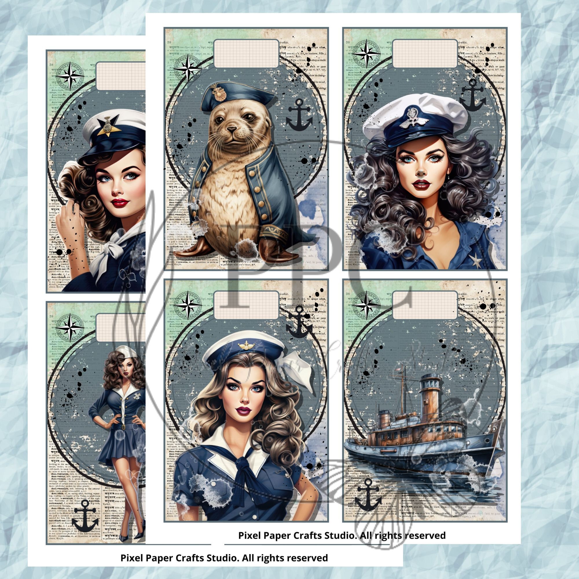 Printable Nautical Pin up Cards, Marine Vintage Cards, Digital Cards ...