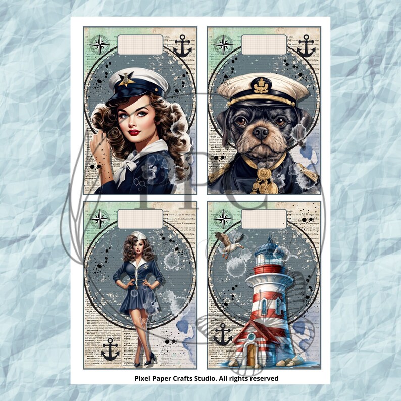 Printable Nautical Pin up Cards, Marine Vintage Cards, Digital Cards ...