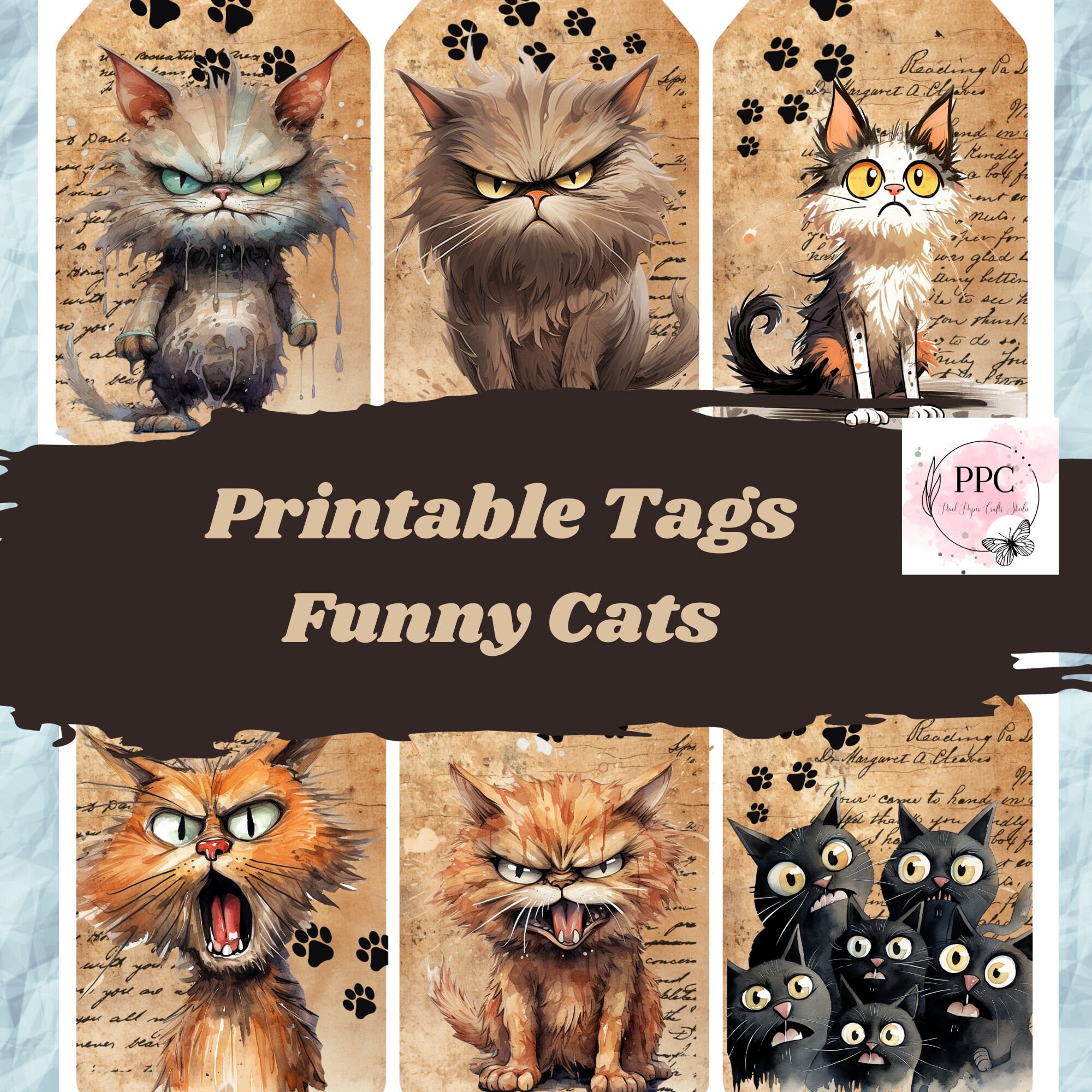 Funny Cats Tags Printable for Junk Journal, Digital Scrapbooking Tags ...