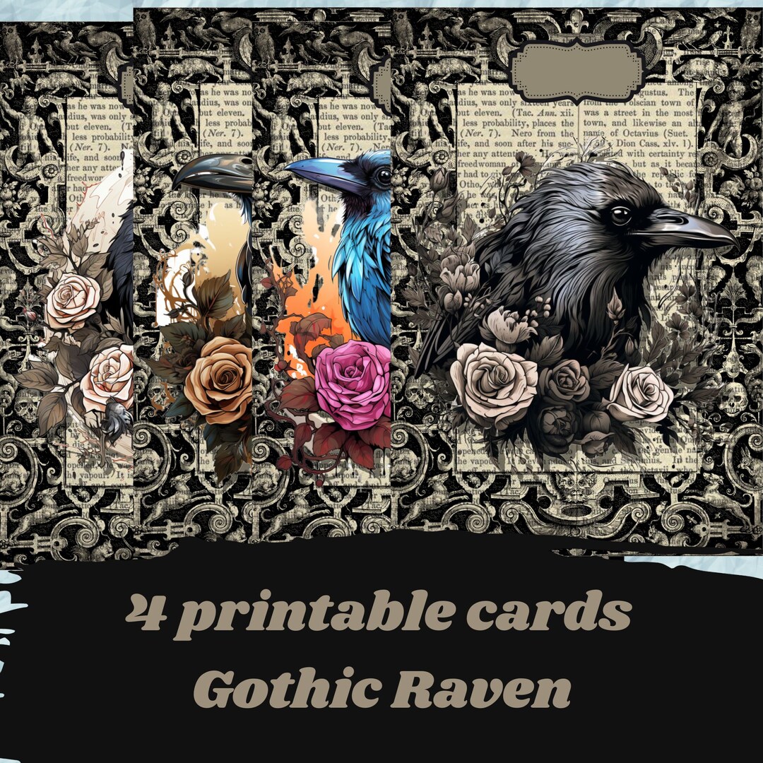 Printable Gothic Raven Cards Digital Cards Junk Journal Etsy
