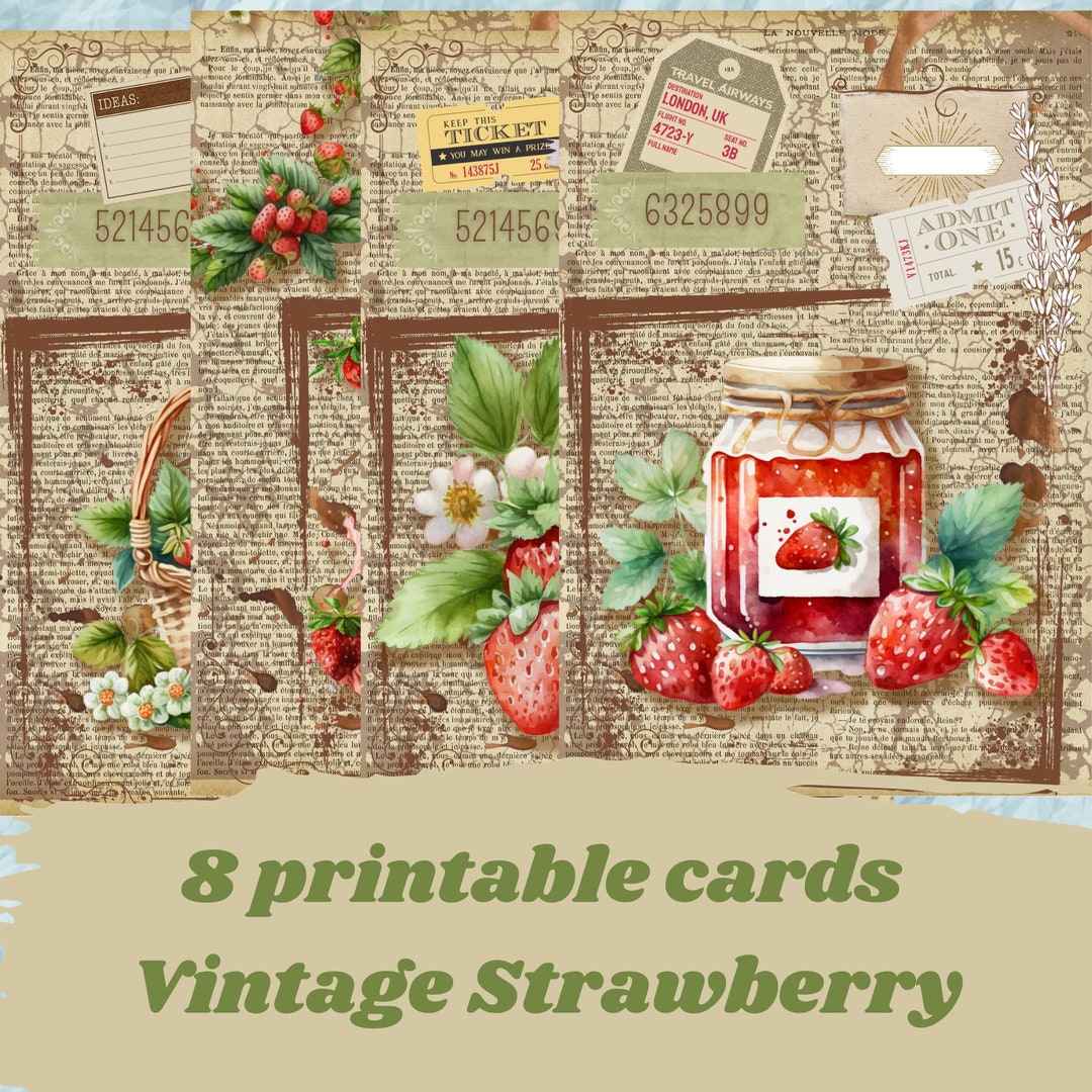Vintage Strawberry Cards, Printable Cards for Journaling, Scrapbooking ...