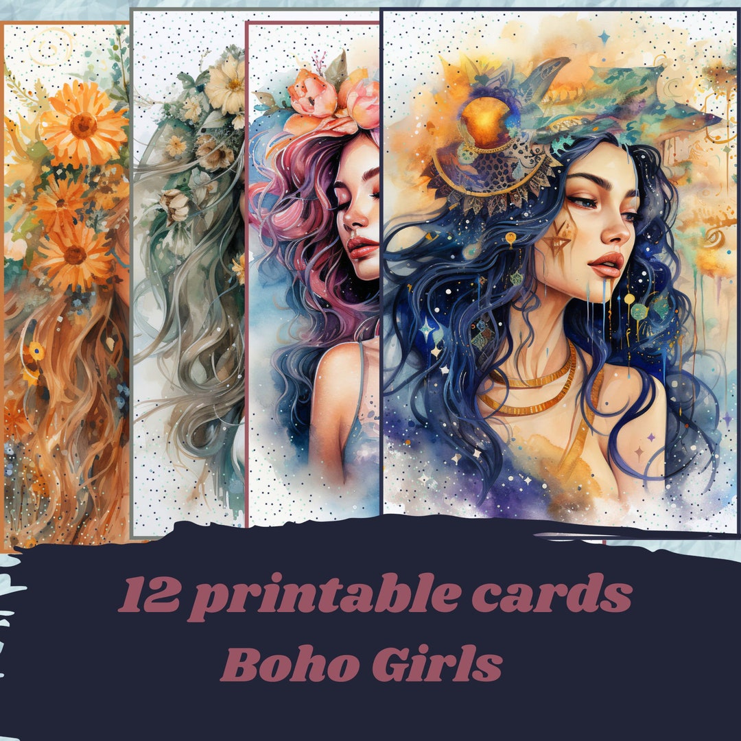 Printable Boho Girls Cards, Junk Journal Cards, Digital Cards, Digital ...
