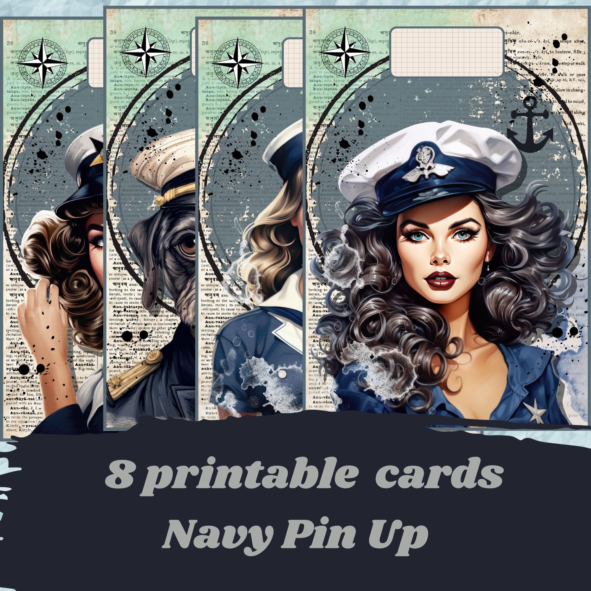 Printable Nautical Pin up Cards, Marine Vintage Cards, Digital Cards, Digital Paper, Nautical ...