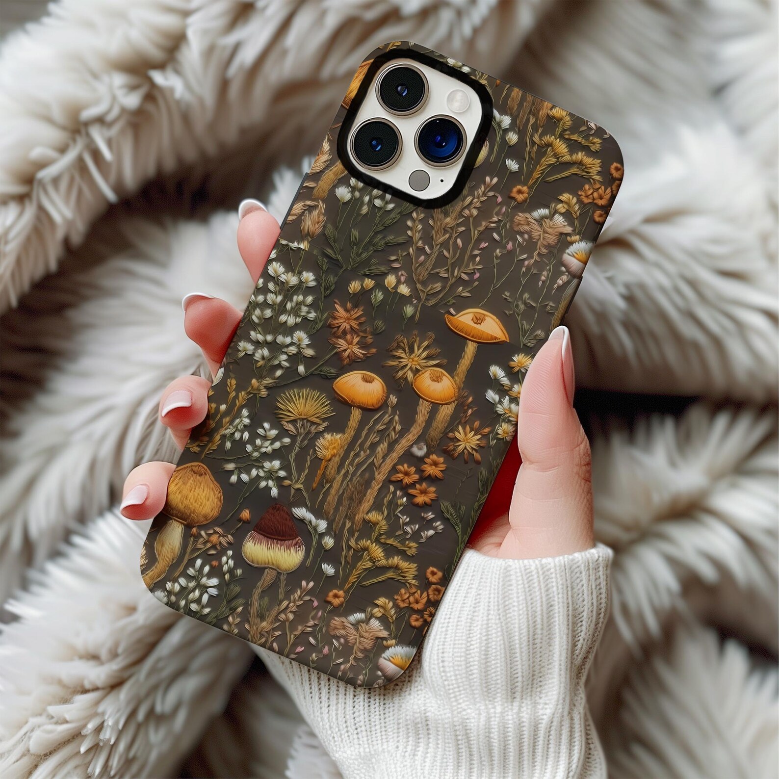 3D Illusion Embroidery Mushroom Phone Case, Autumn Forest Cottagecore ...
