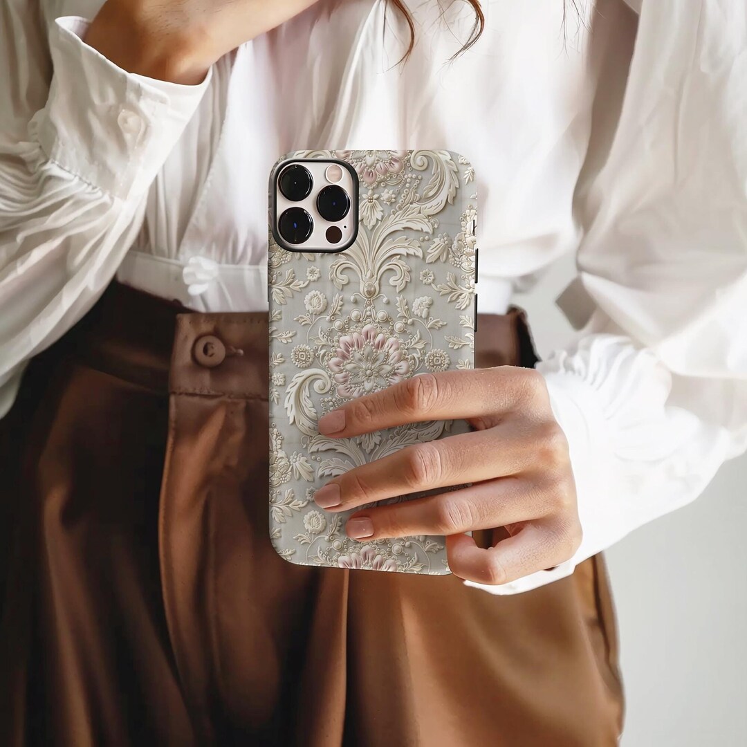 3D Illusion Pearls Crystal French Damask Embroidery Phone Case, Luxury ...