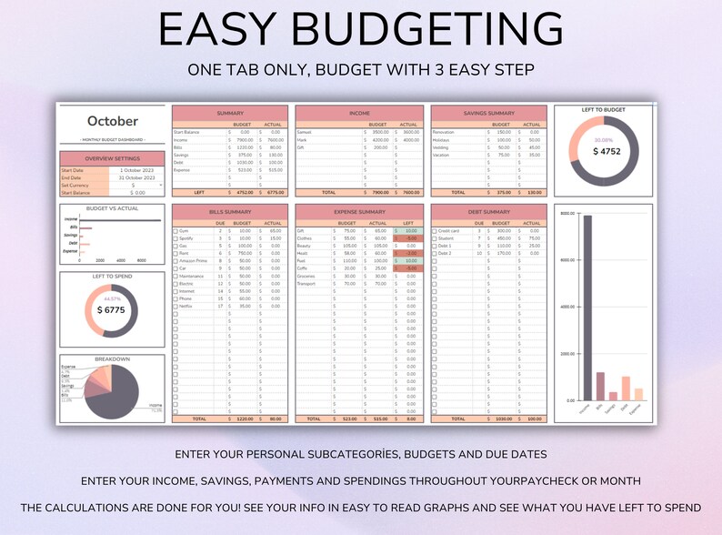 Monthly Budget Spreadsheet, Google Sheets Monthly Budget Planner, Bill ...