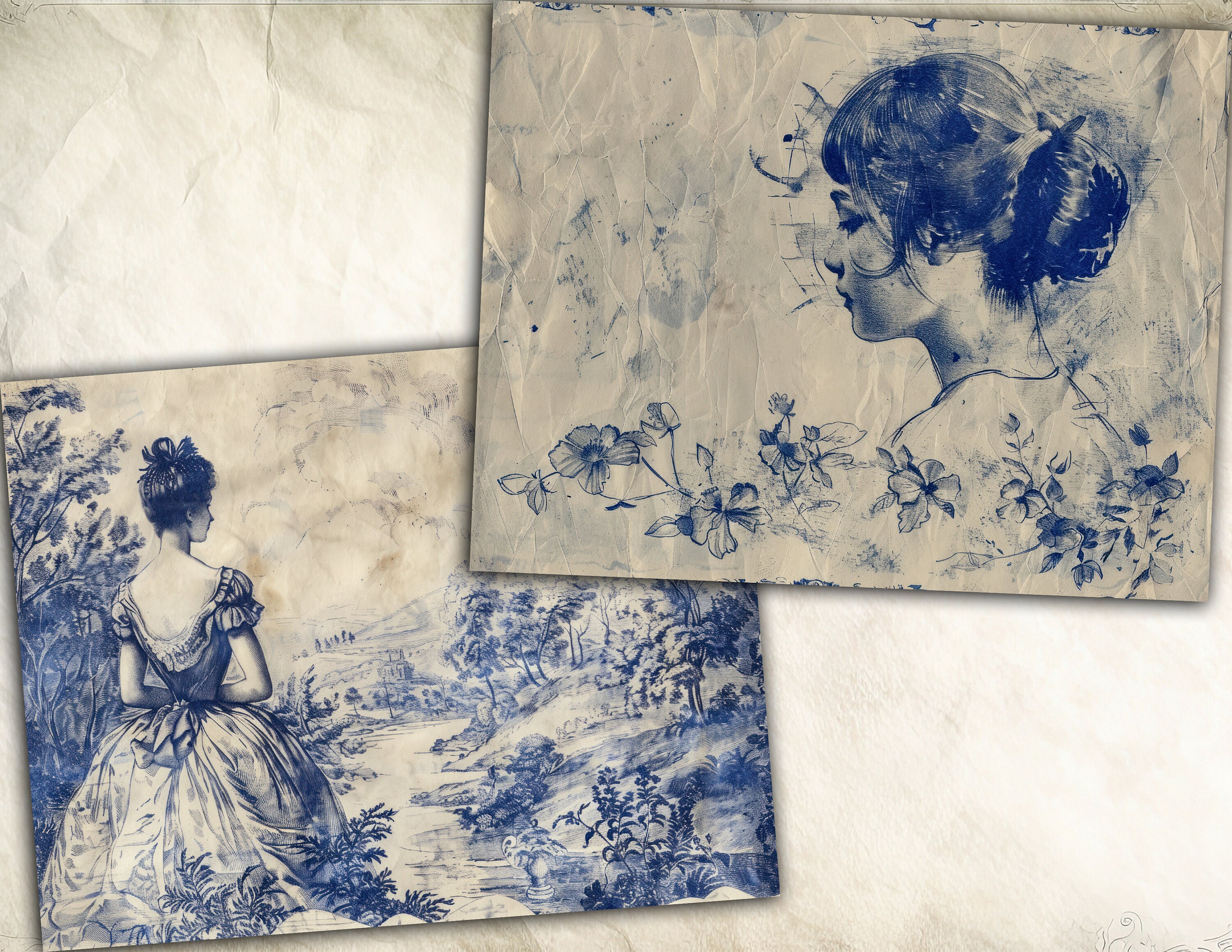 Blue Toile De Jouy Decoupage Papers,french Toile Scrapbook Album Kit ...