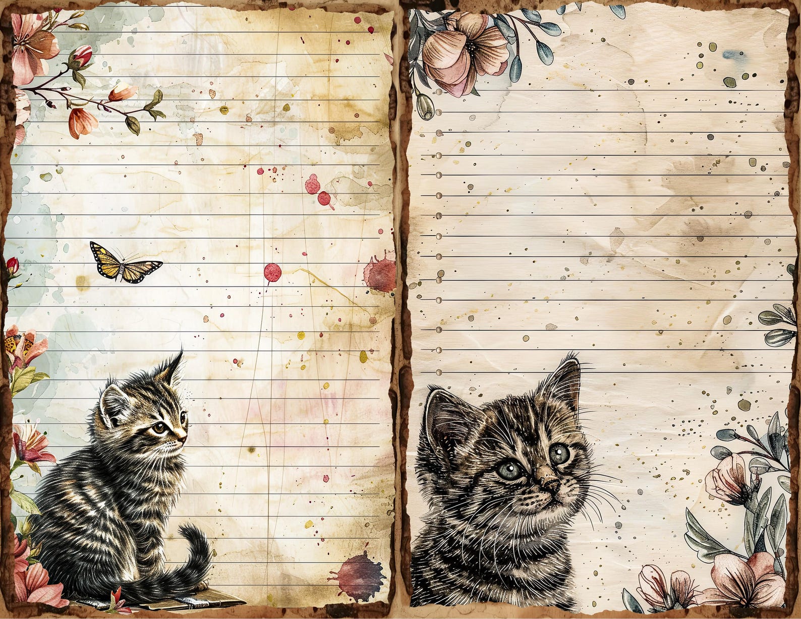 Cute Cats Junk Journal Lined Pages,watercolor Writing Paper Printable ...