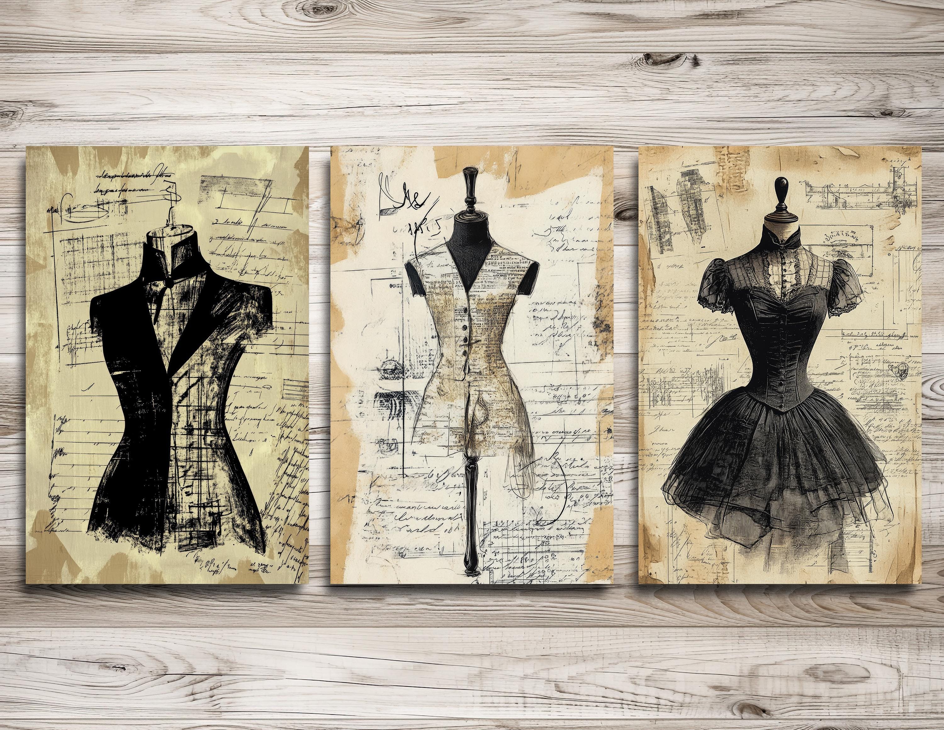 Victorian Fashion Junk Journal Pages - 5.5x8.5" Vintage Dress Sketches ...