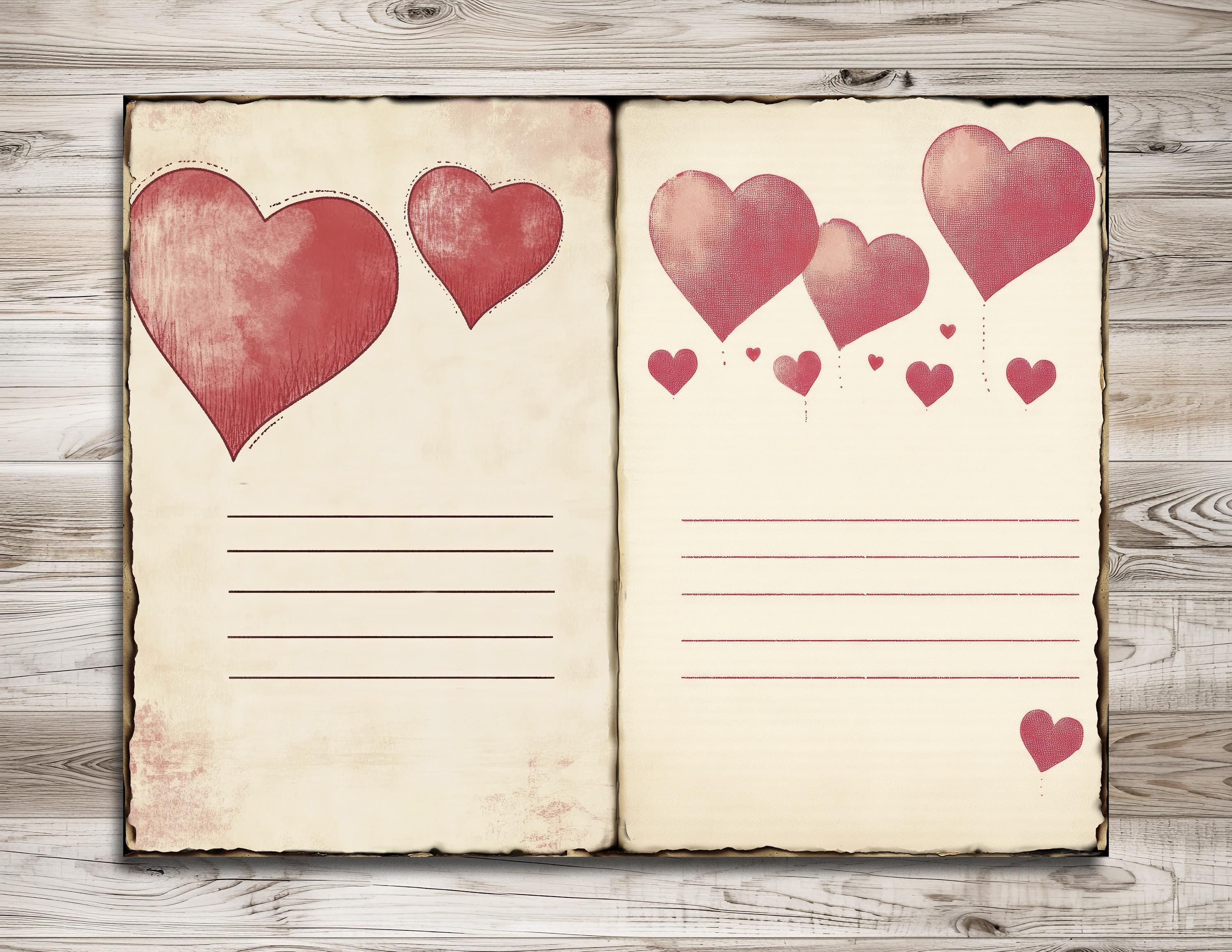 Love Letter Writing Paper, Romantic Heart Junk Journal Pages, Valentine ...
