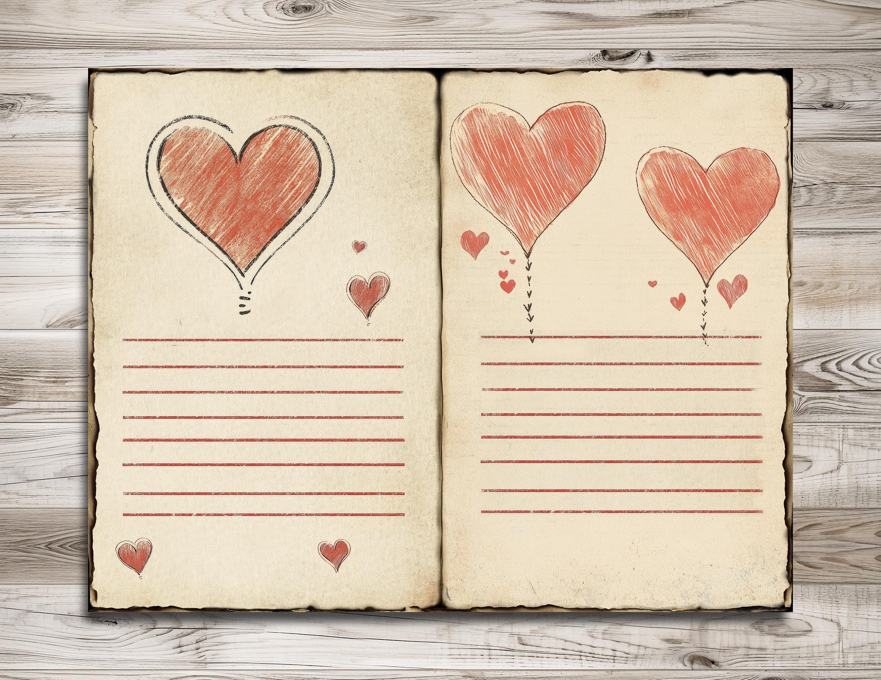 Love Letter Writing Paper, Romantic Heart Junk Journal Pages, Valentine ...