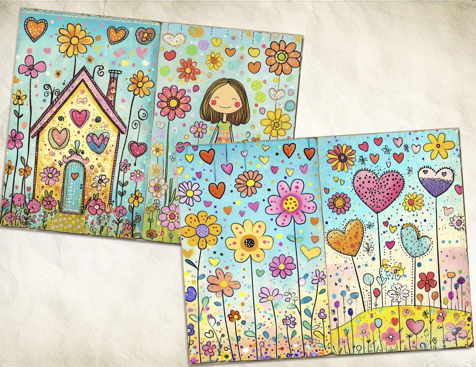 Whimsical Junk Journal Pages With Colorful Cute Animals Flowers Hearts ...