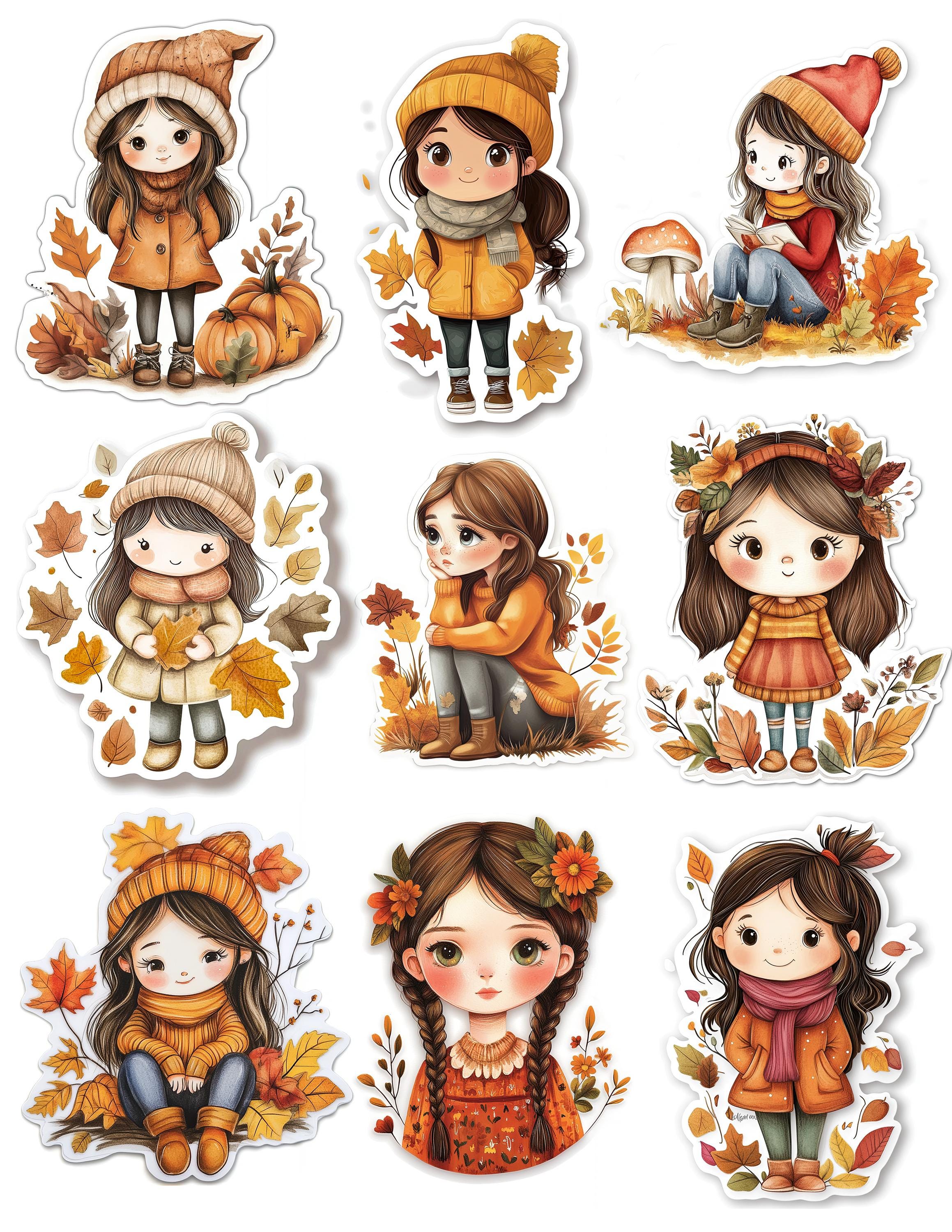 Autumn Fussy Cut Cute Girls | Printable Junk Journal Stickers | Fall ...