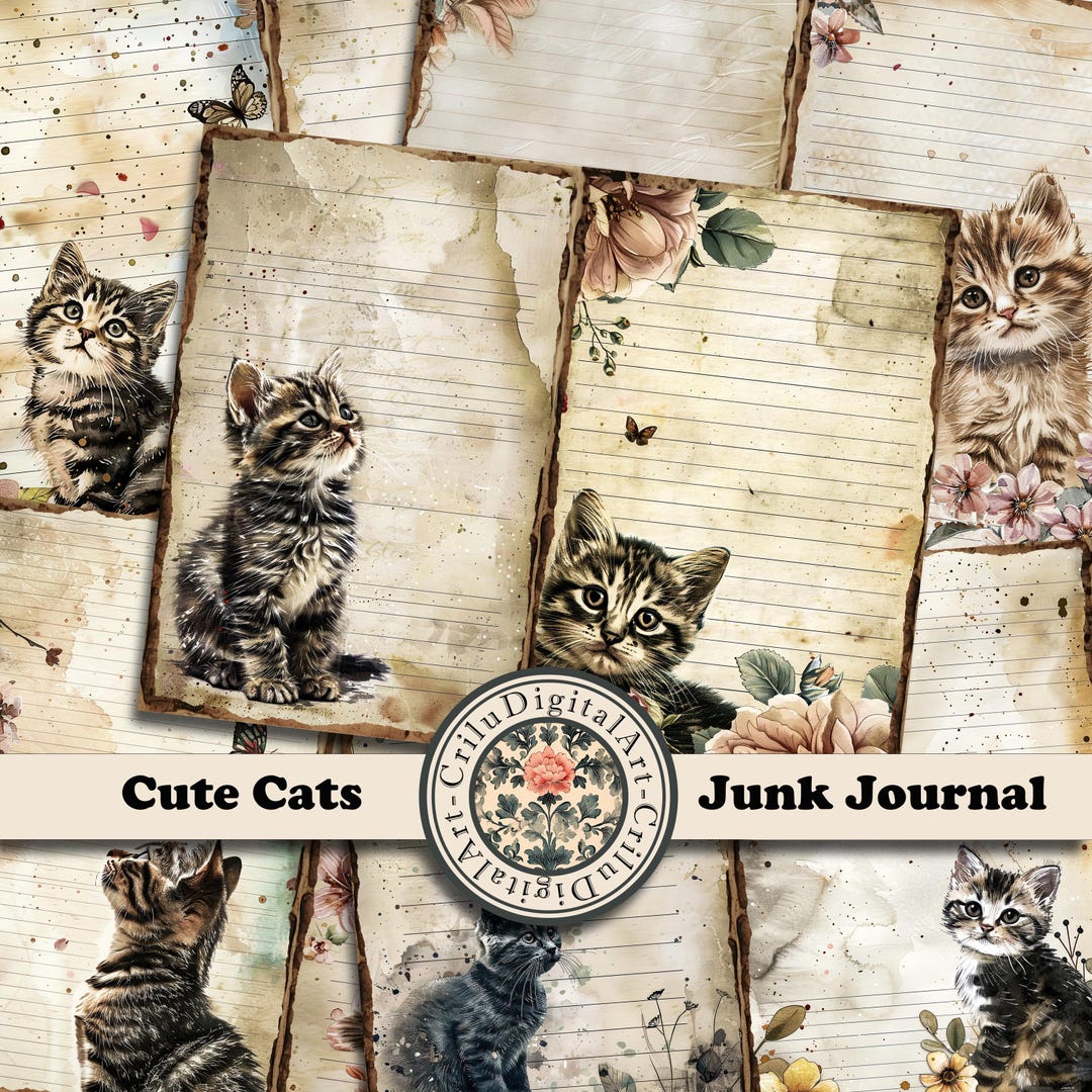 Cute Cats Junk Journal Lined Pages,watercolor Writing Paper Printable ...