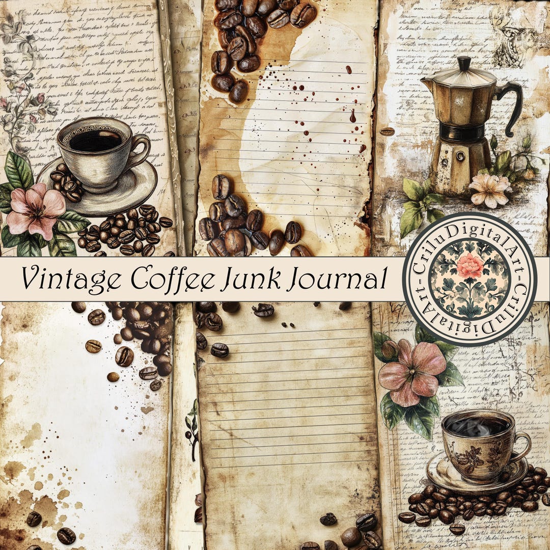 Vintage Coffee Junk Journal Pages - Handmade Sepia-toned Paper, Floral ...