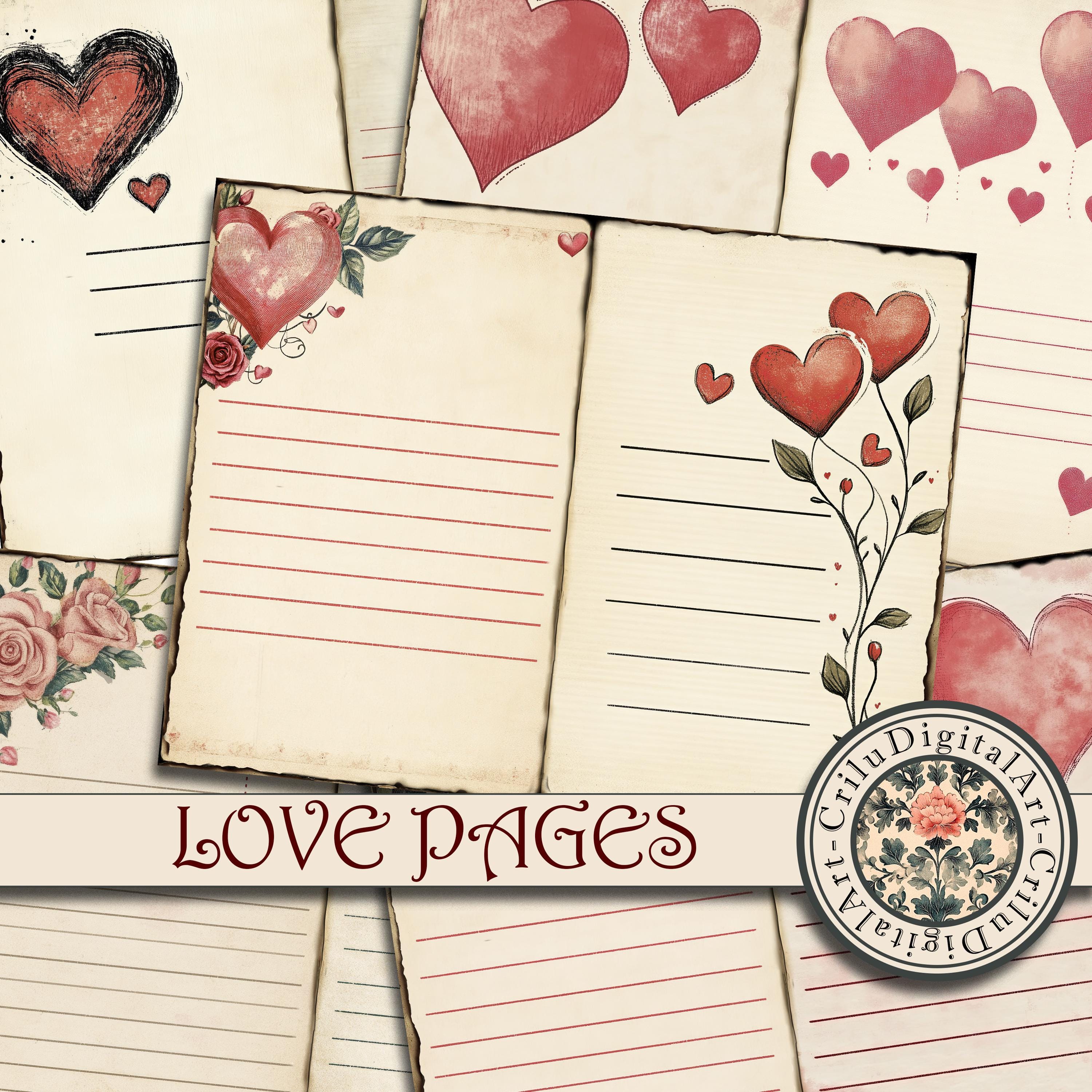 Love Letter Writing Paper, Romantic Heart Junk Journal Pages, Valentine ...