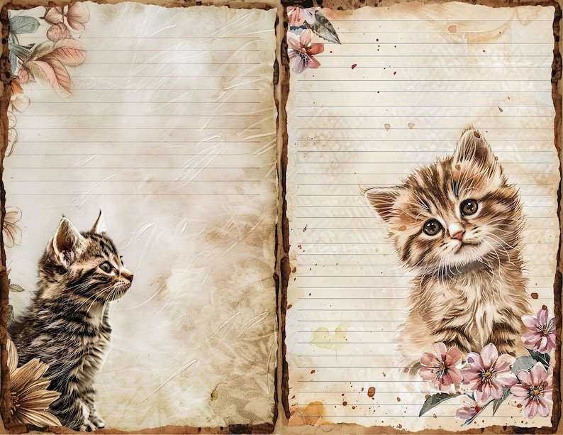 Cute Cats Junk Journal Lined Pages,watercolor Writing Paper Printable ...