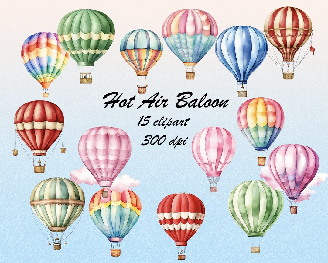 Watercolor Hot Air Balloon Clipart PNG, Nursery Decor (instant Download ...