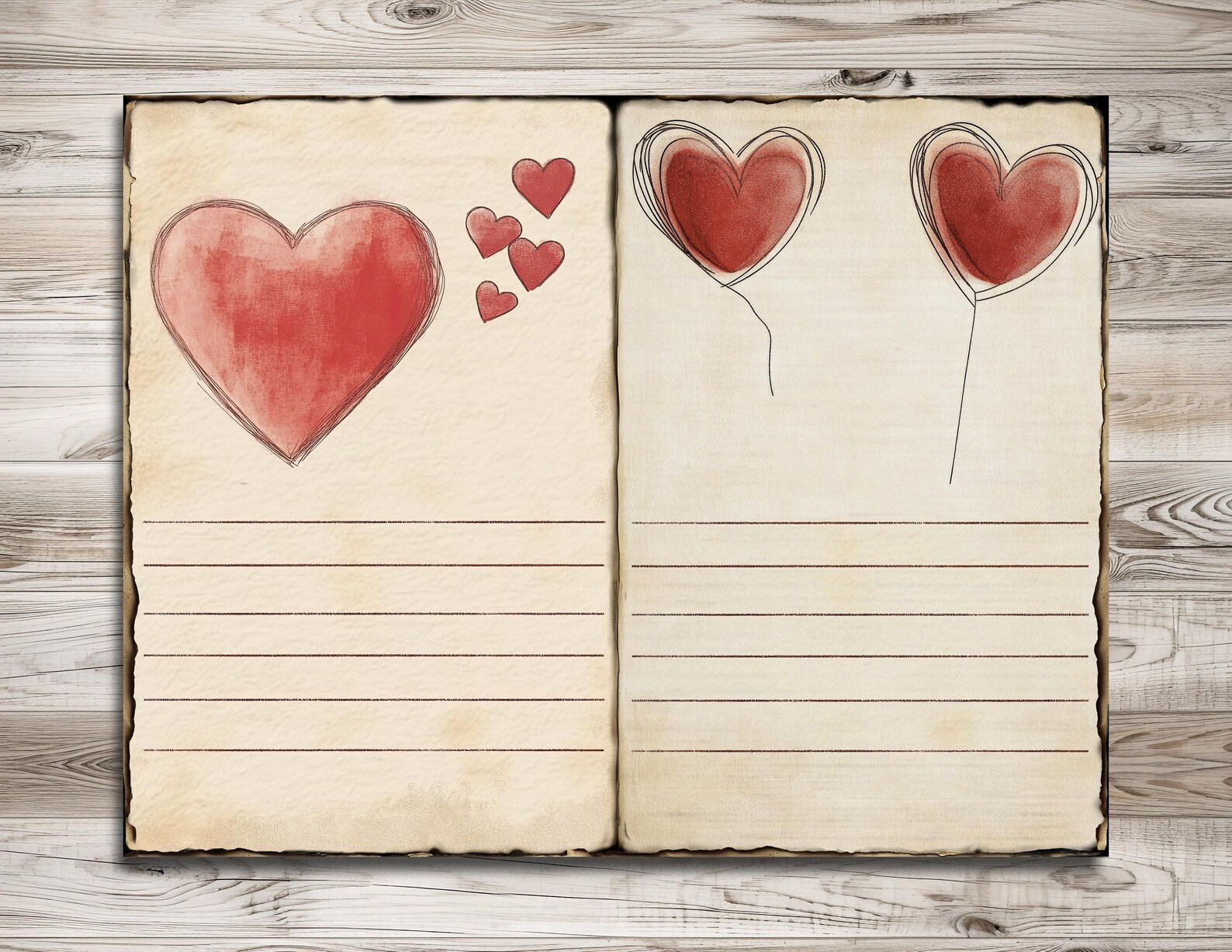 Love Letter Writing Paper, Romantic Heart Junk Journal Pages, Valentine ...