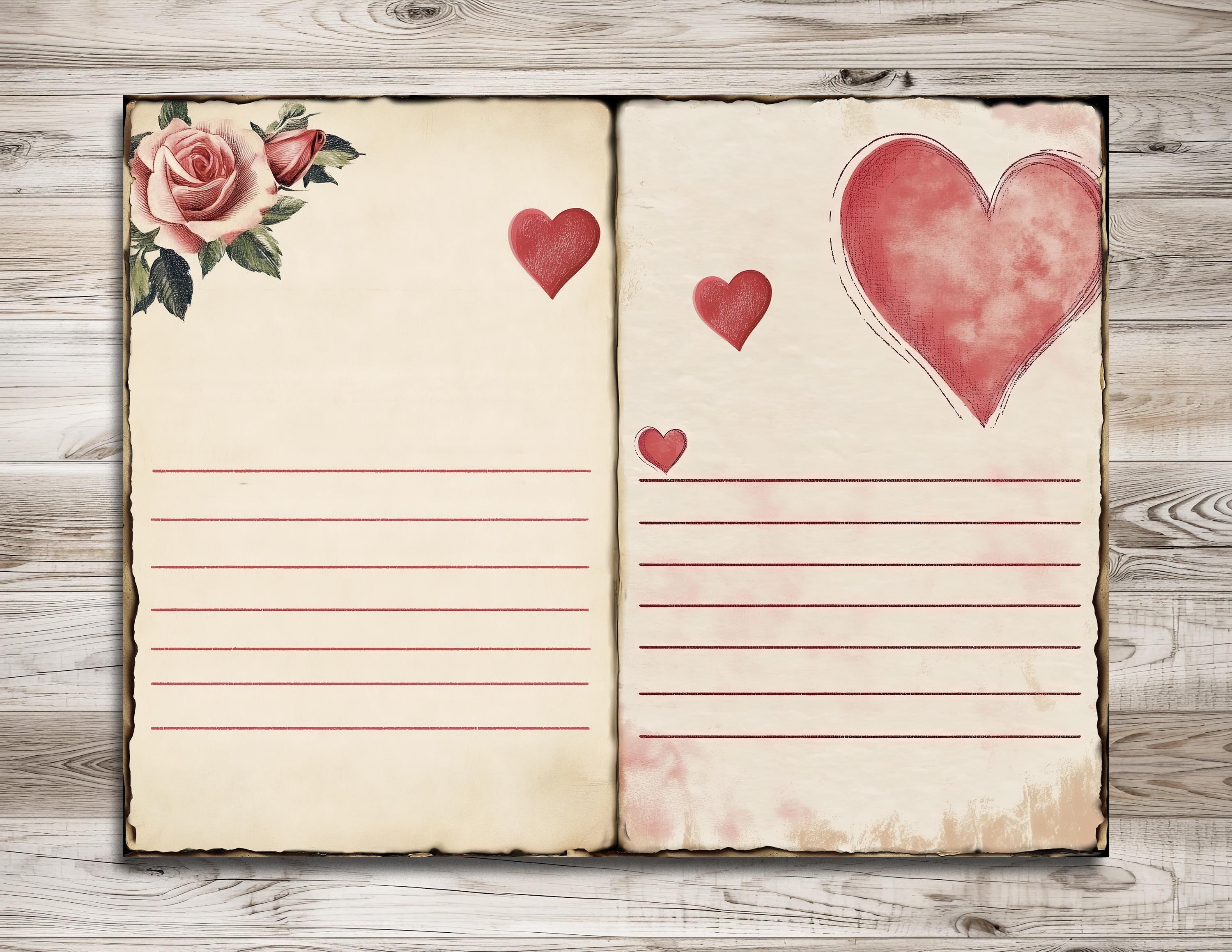 Love Letter Writing Paper, Romantic Heart Junk Journal Pages, Valentine ...
