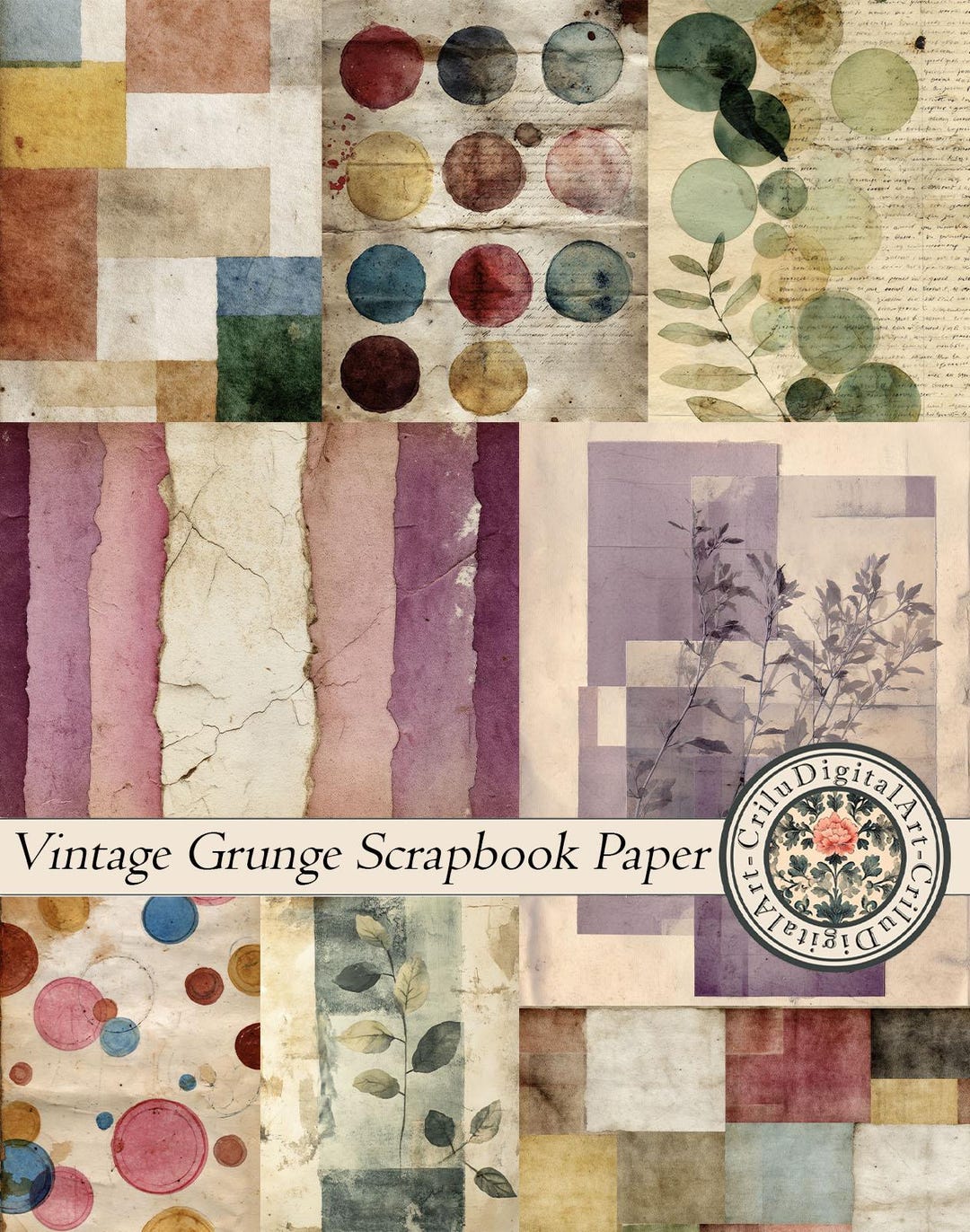Vintage Grunge Scrapbook Paper Pack With Watercolor Circles and ...