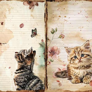 Cute Cats Junk Journal Lined Pages,watercolor Writing Paper Printable ...