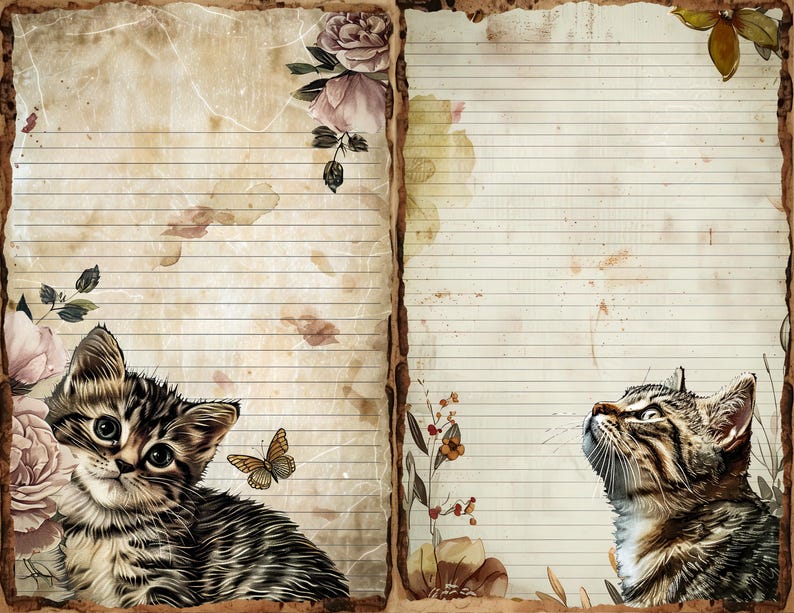 Cute Cats Junk Journal Lined Pages,watercolor Writing Paper Printable ...