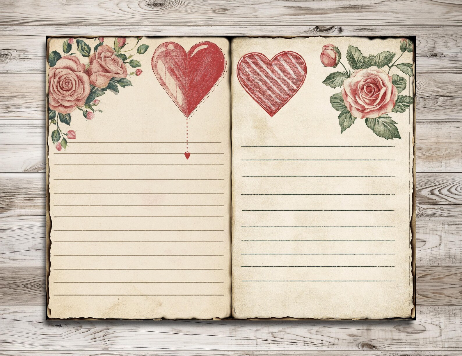 Love Letter Writing Paper, Romantic Heart Junk Journal Pages, Valentine ...