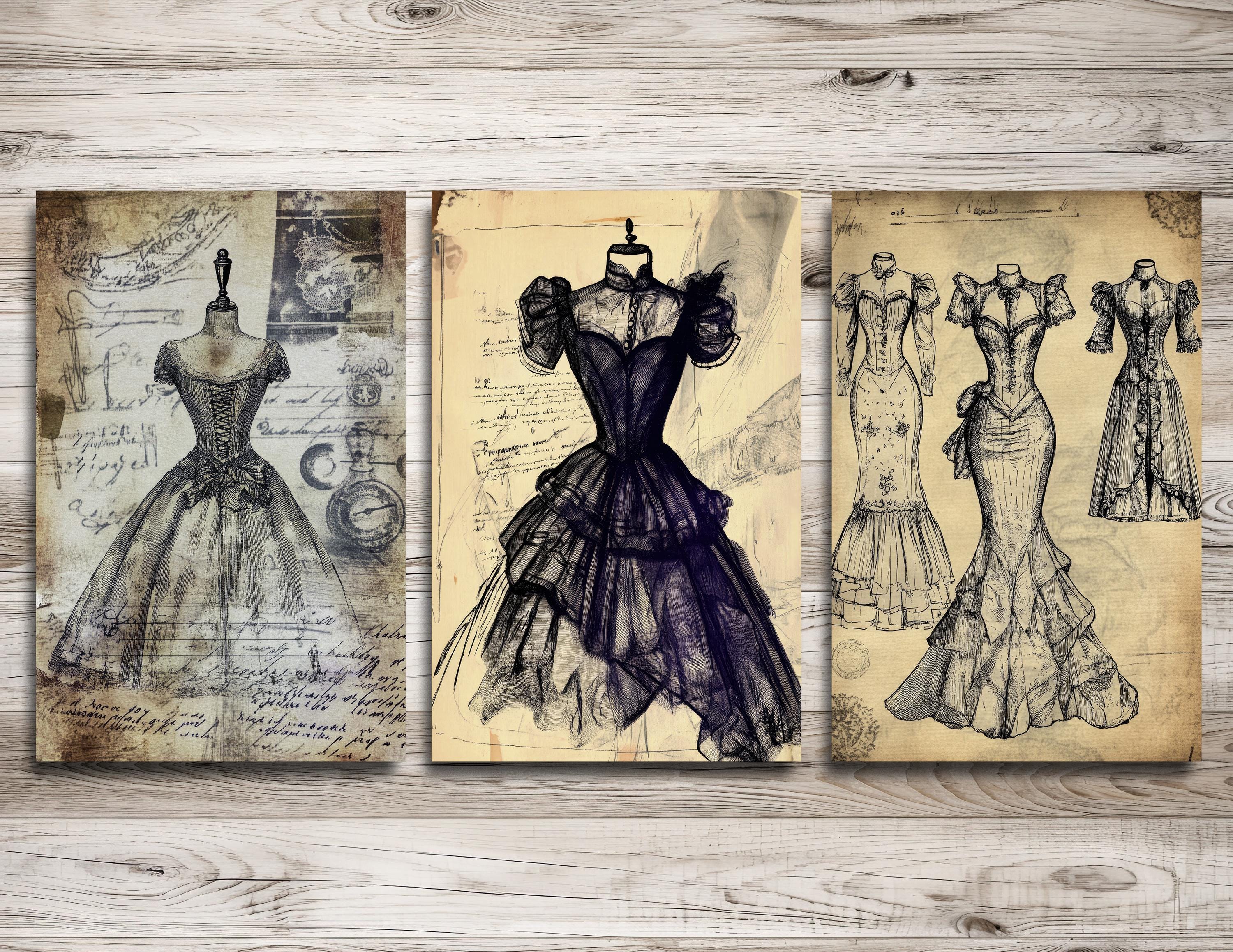 Victorian Fashion Junk Journal Pages - 5.5x8.5" Vintage Dress Sketches ...