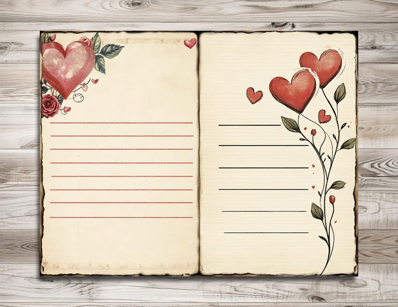 Love Letter Writing Paper, Romantic Heart Junk Journal Pages, Valentine ...