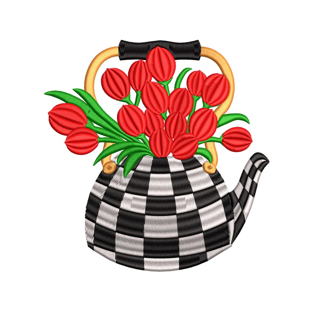 Checkered Teapot With Red Tulips Embroidery Design - Etsy