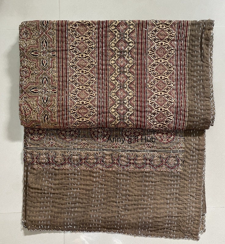 Handblock Ajrakh Quilt Handmade Bohemain Bedspread Kingsize Vegetable ...