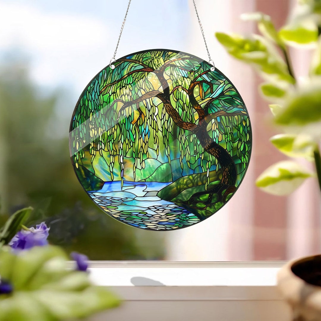 Weeping Willow Beside the Lake Window Hanging, FAUX Stain Glass ...
