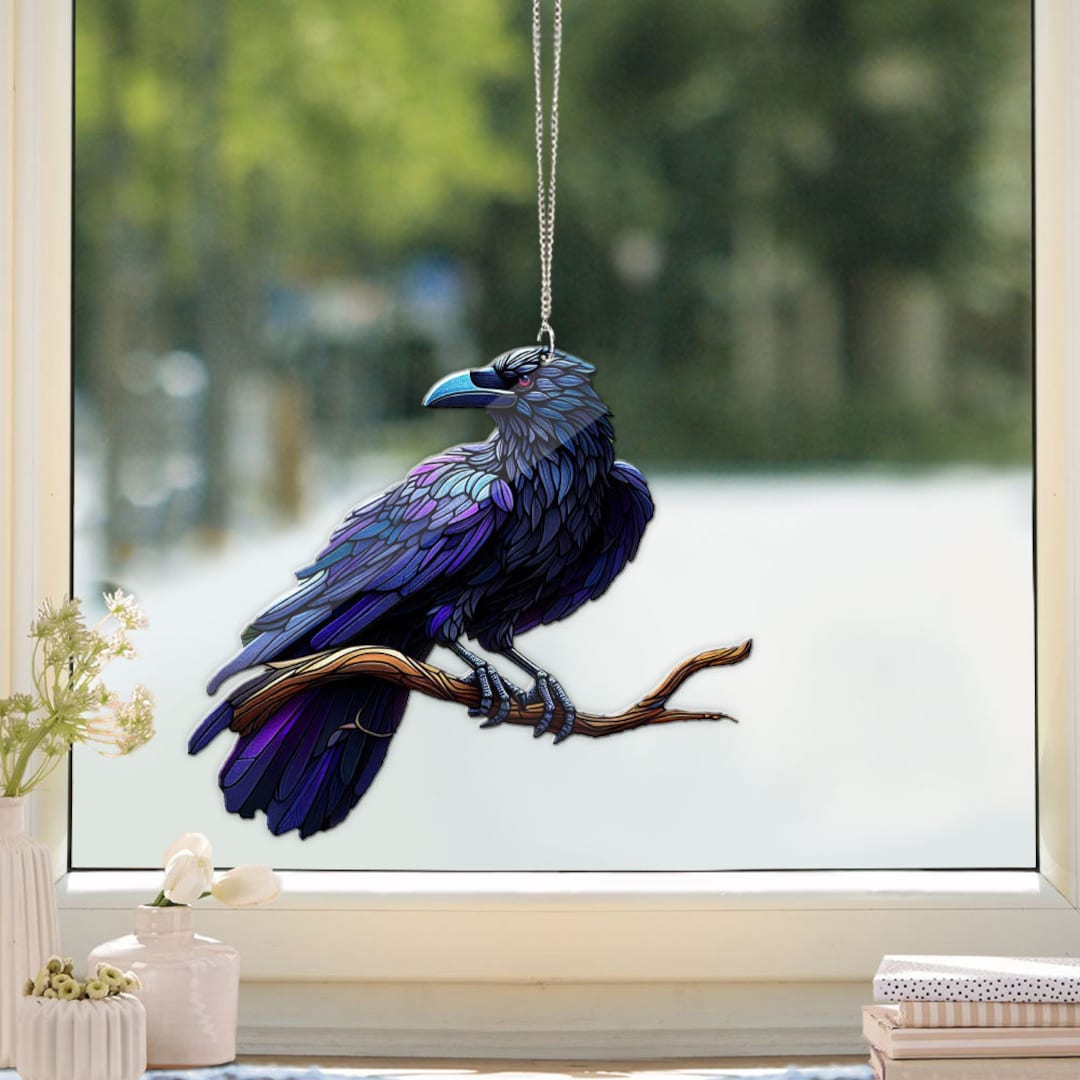Raven Crow Stained Glass Acrylic Window Hangings, Ravens Faux Stained ...
