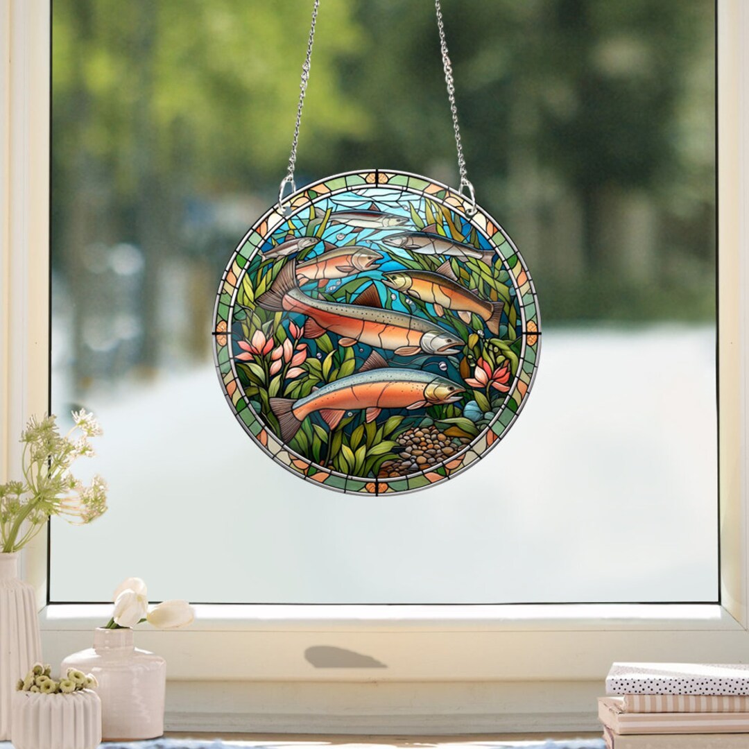 Shoal of Rainbow Trout Steelhead Window Decor, FAUX Stain Glass, Fish ...