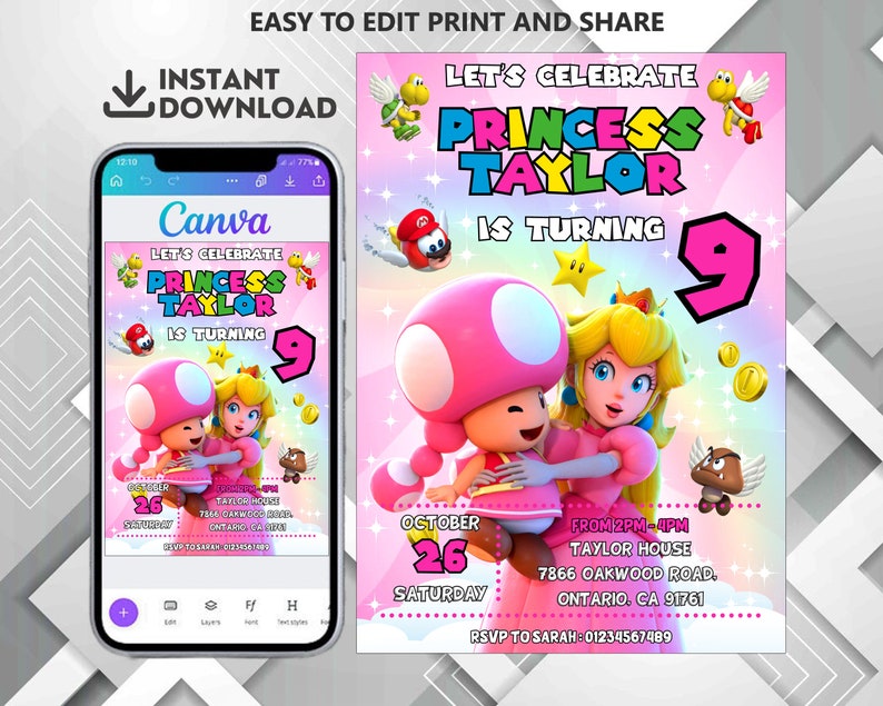 Invitación de cumpleaños editable de la princesa Peach - Etsy México