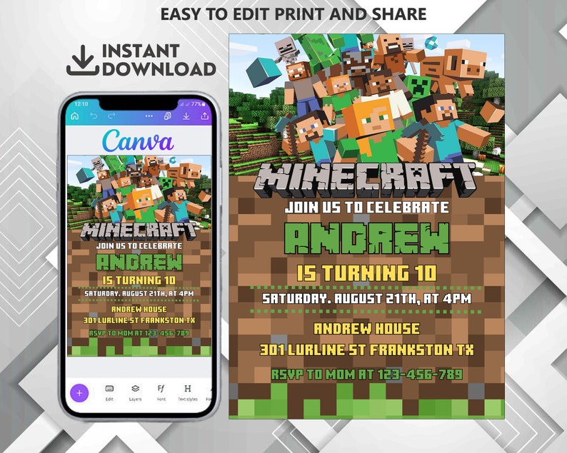 Invitación de cumpleaños editable de Minecraft invitaciones - Etsy México