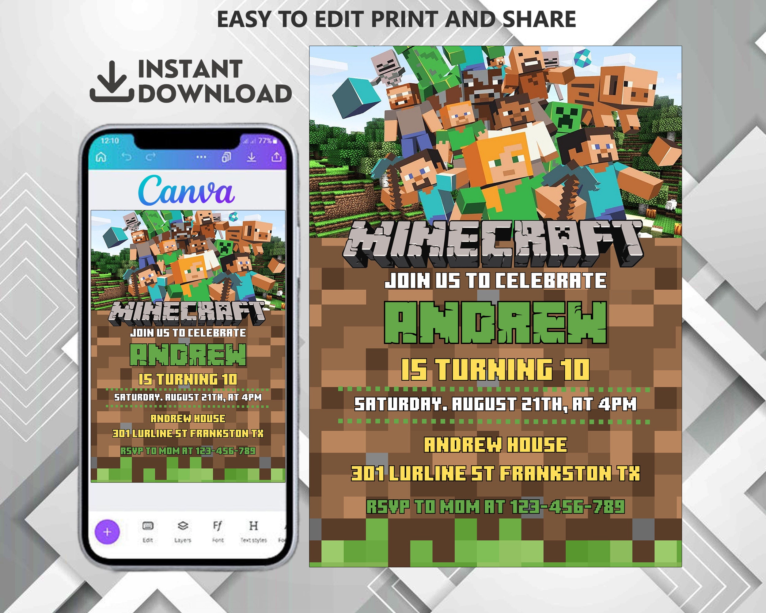 Invitación de cumpleaños editable de Minecraft invitaciones - Etsy México