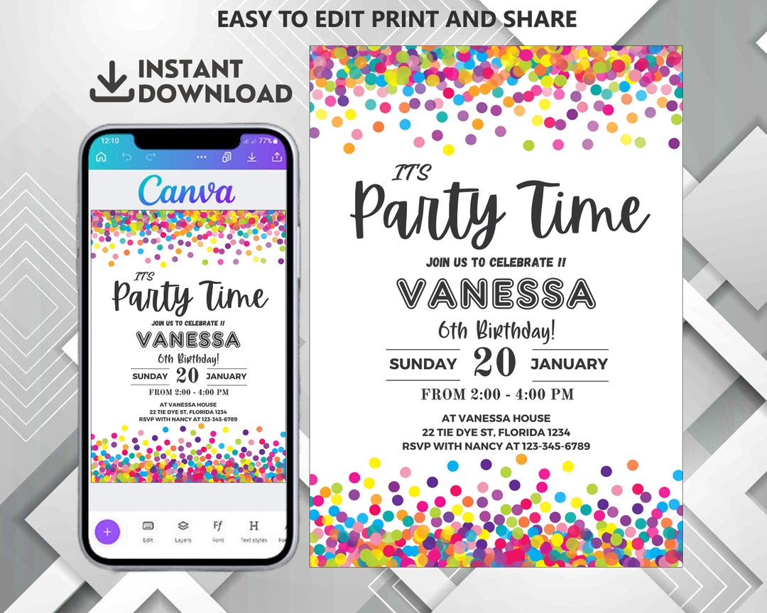 Confetti Party Invite It's Party Time Colorful - Etsy