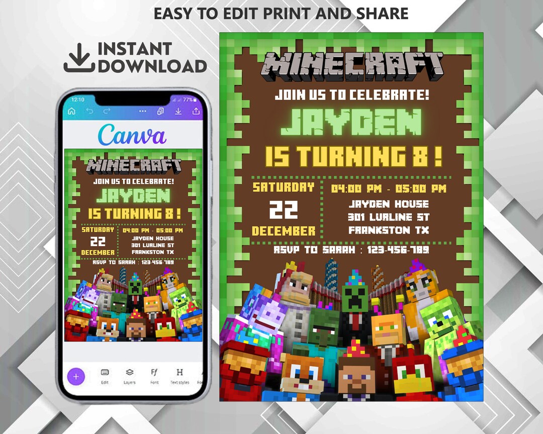 Invitación de cumpleaños de Minecraft / Invitación editable de ...