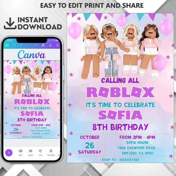 Roblox Girl Birthday Party Invitation - Etsy Canada