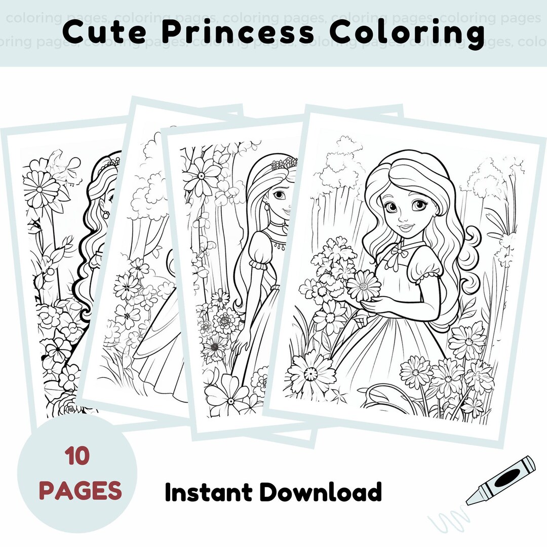 10 Cute Princess Coloring Pages – Printable A4 PDF – Fun Digital Art ...