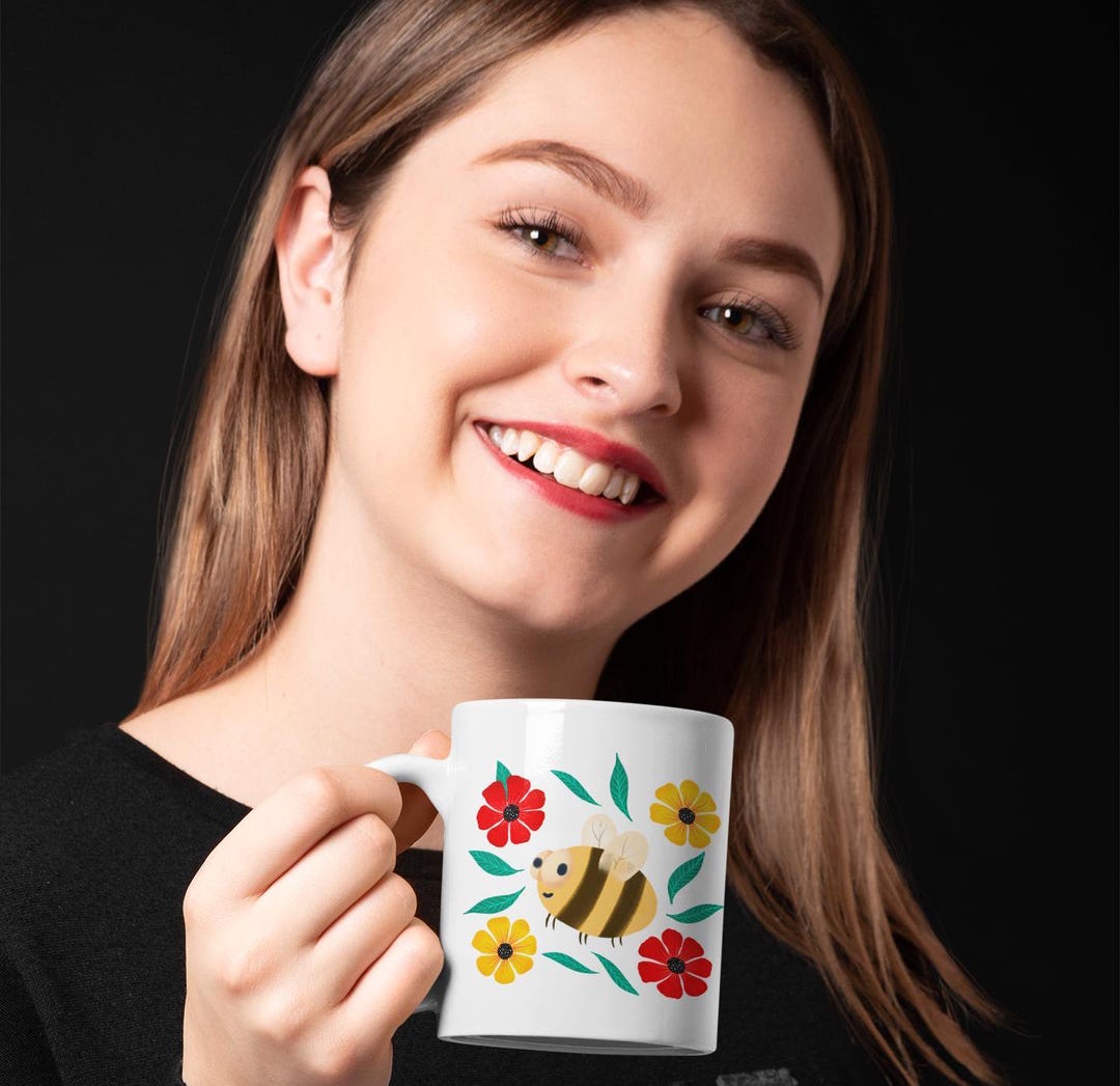 Bee Mug With Flowers Cute Bee Coffee Cup With Color Inside, Floral Gift ...