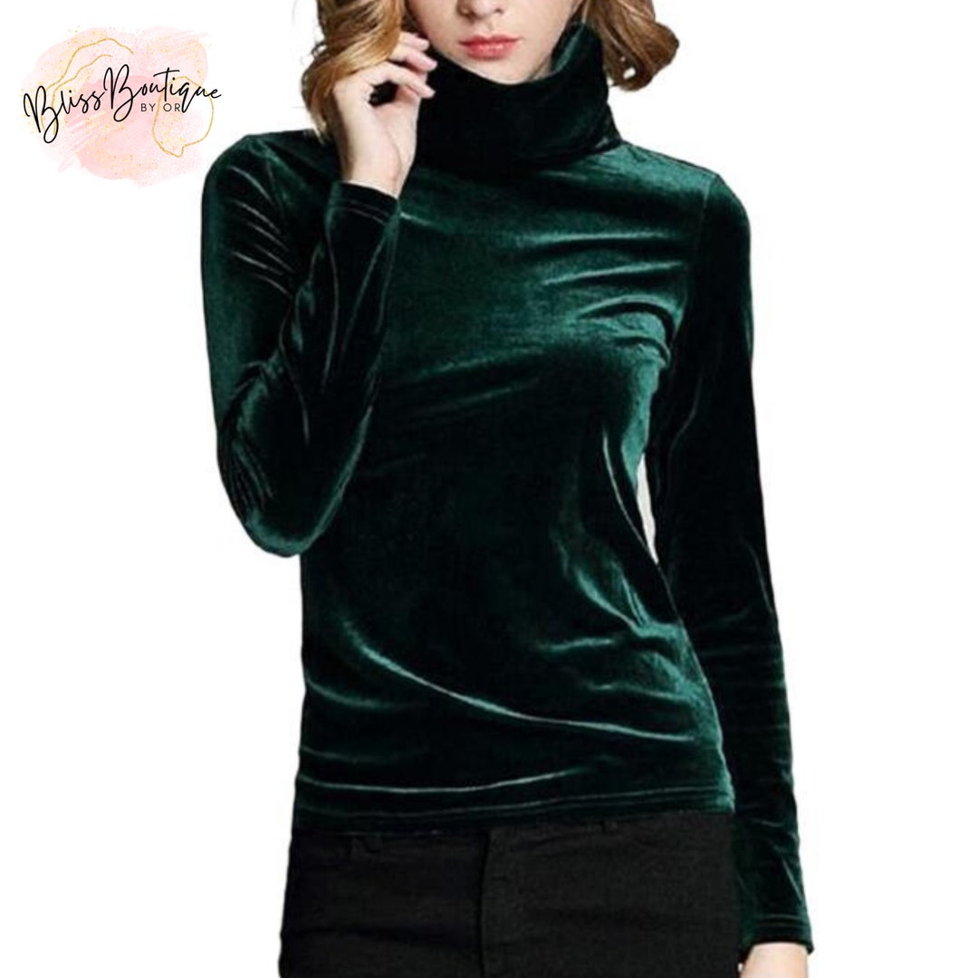 Women's Elegant Velvet Turtleneck Long Sleeve High Collar Velour Shirt ...