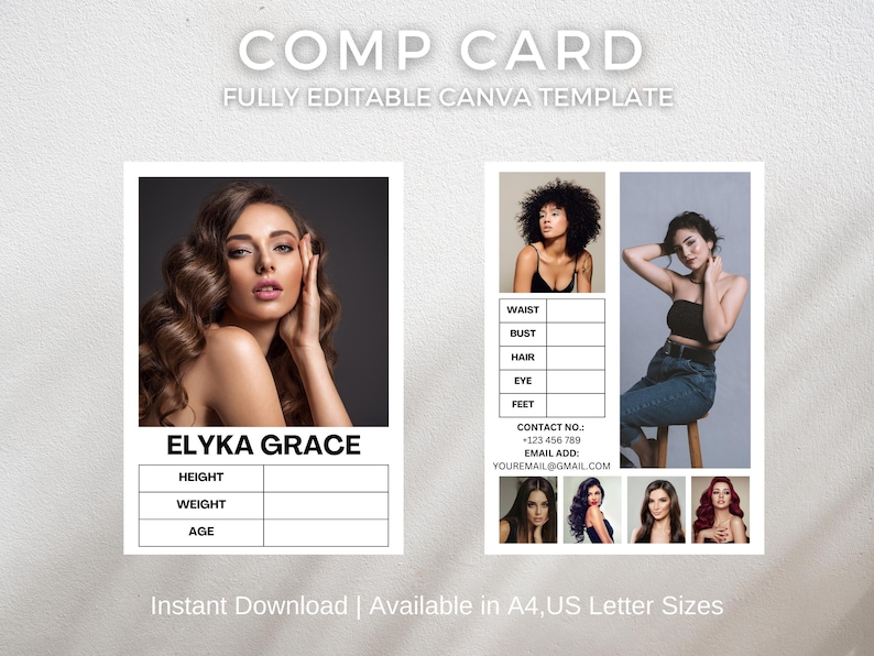 Custom Model Comp Card Design for Portfolio, Personalized Modeling Zed ...