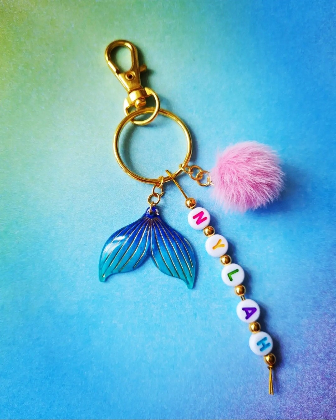 Personalised Mermaid Tail Keyring // Letter Bead Keychain // Pom Pom ...