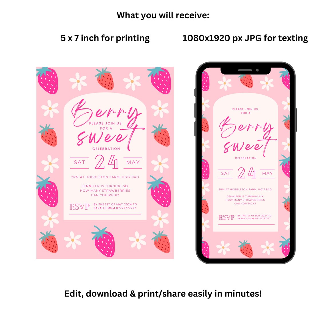 Berry Sweet Invitation Editable Template Digital Evite Strawberry ...